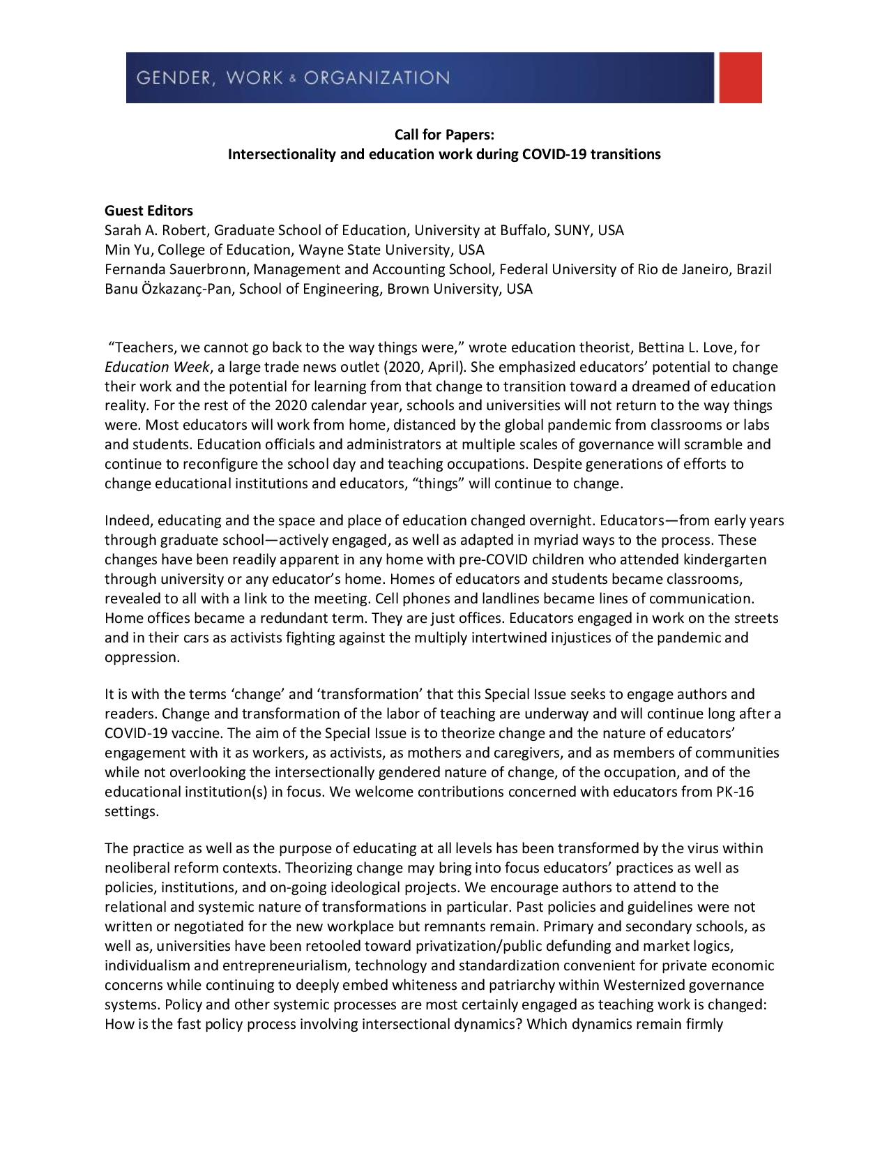 CfP: Special Issue on ‘Intersectionality and education work during ...